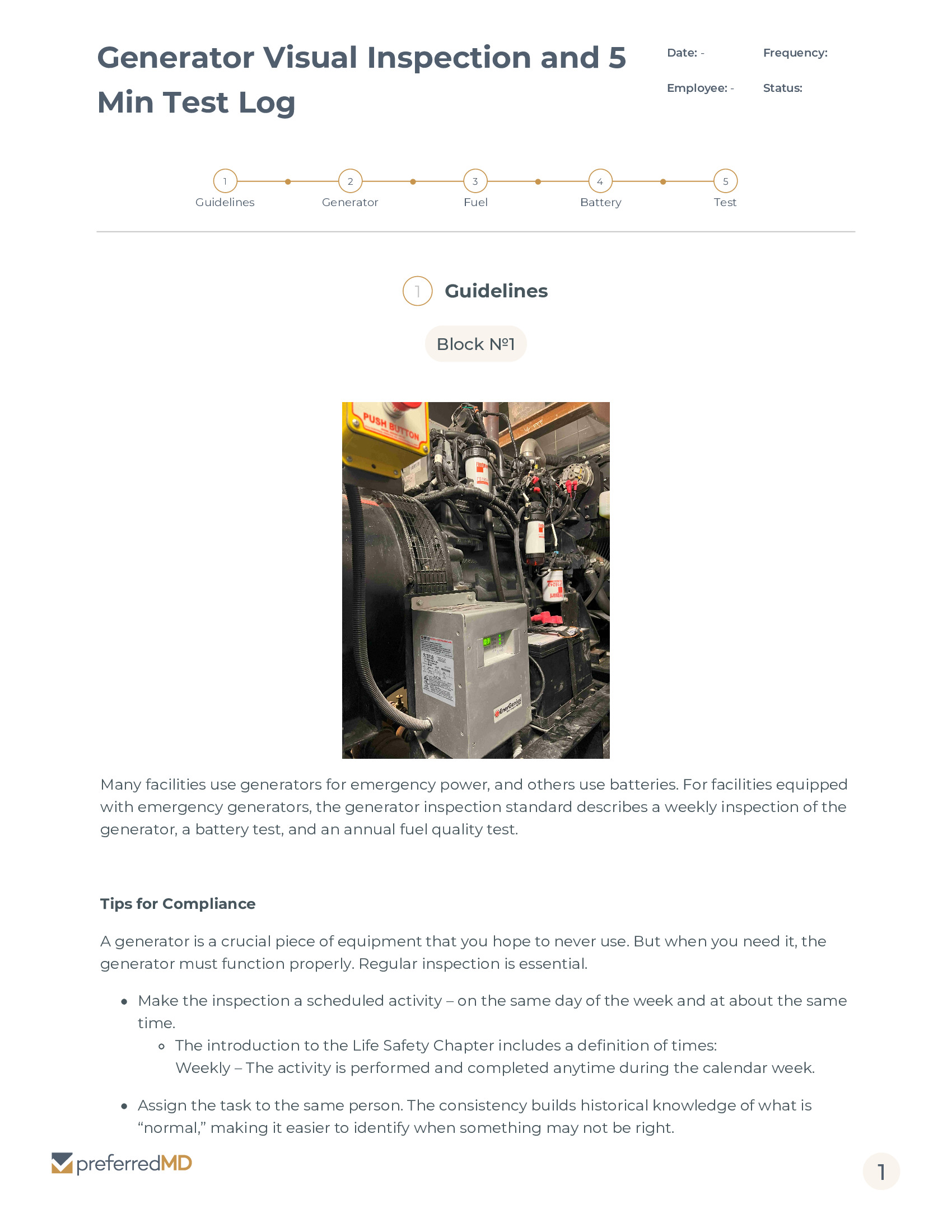 ASC Generator Visual Inspection and 5 Min Test Log template