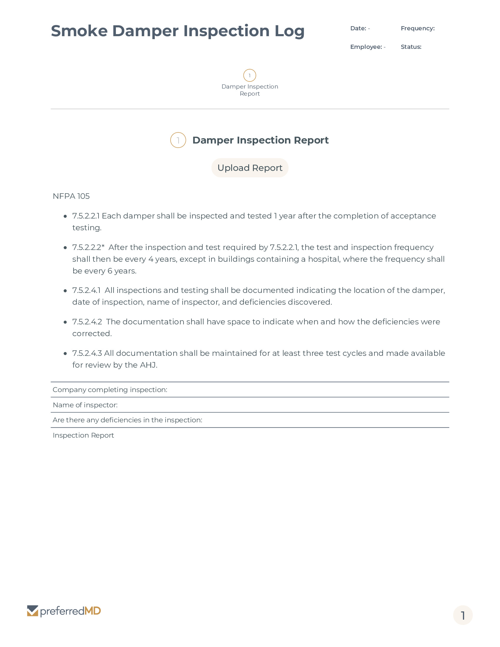 ASC Smoke Damper Inspection Log template